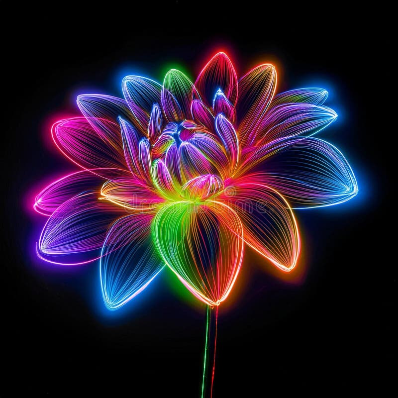 Multicolor Neon Light Drawing, Abstract Shape Flowers Isolated on Black ...
