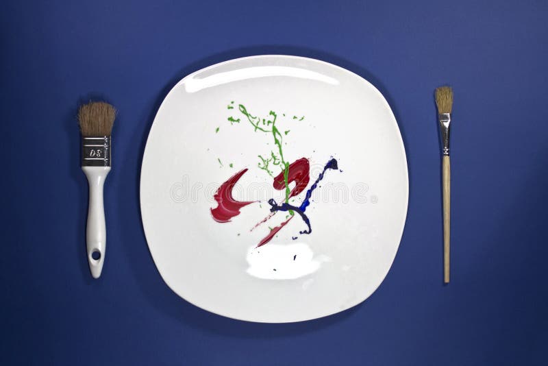 Paint on the Plate with Paint Brushes on Side Stock Photo - Image of ...