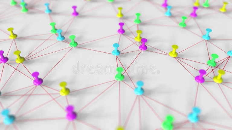Colorful Pushpins and Thread Network Model on a Pinboard, Conceptual 3D ...