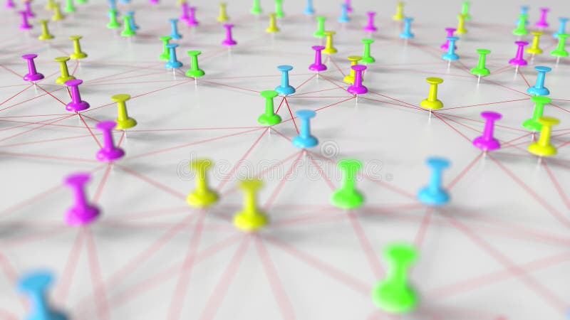 Multicolor Pins and Thread Network Model on a Pinboard, Close-up 3D ...