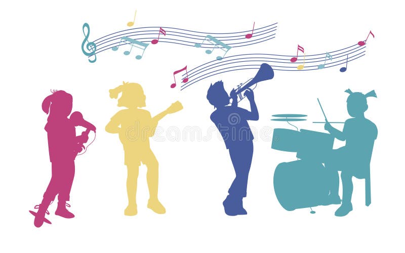 Multicolor Silhouettes of Kids Playing on Different Music Instruments ...
