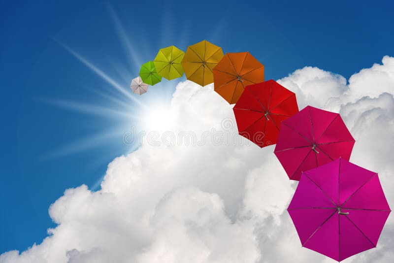 Multicolor Umbrellas Flying in the Sky Stock Image - Image of orange ...