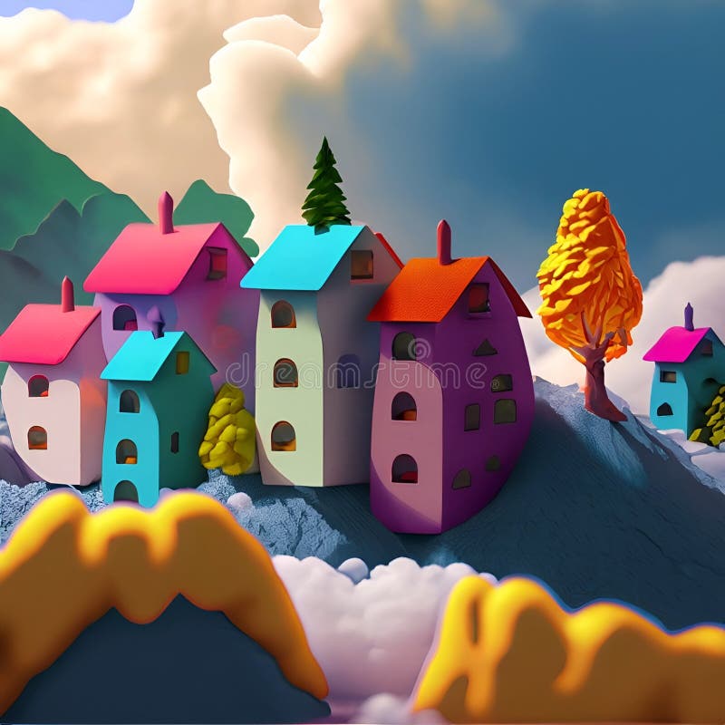 Multicolore Houses Village in the Mountain Cartoon Style Stock ...