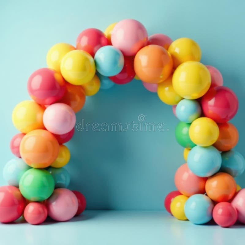 Multicolored Balloon Arch Framing a Vanilla Cake , Balloons, Baked ...