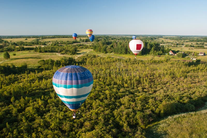 Multicolored Balloons Over the Forest and Fields Stock Image - Image of ...