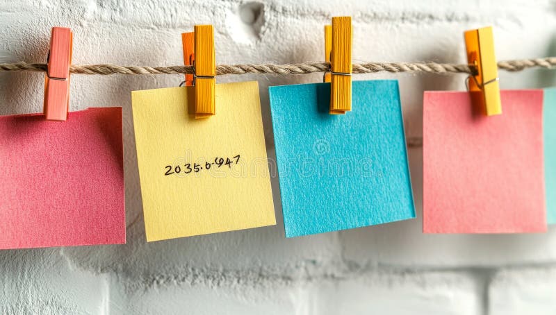 Multicolored Blank Paper Notes Suspended from a Rope are Shown on a ...