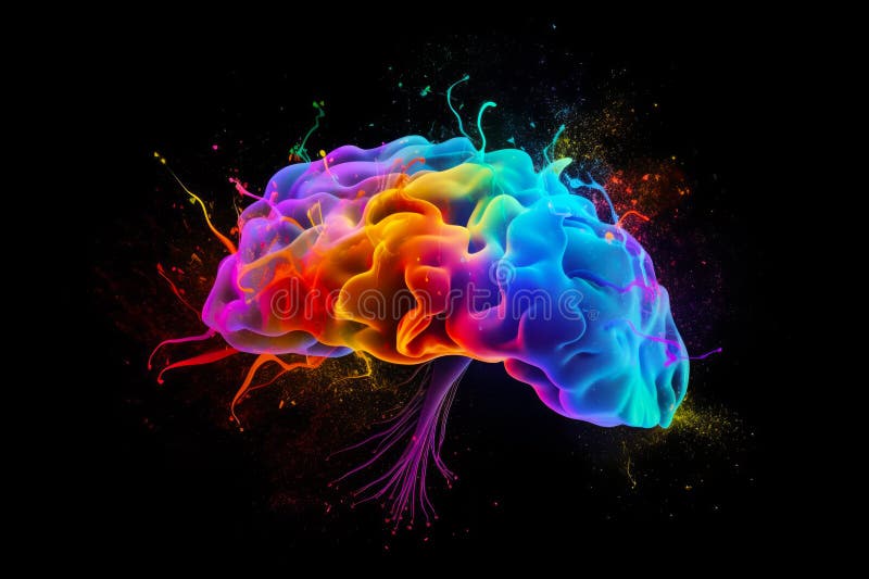 Multicolored Brain is Shown in the Dark with Paint Splatters All Over ...