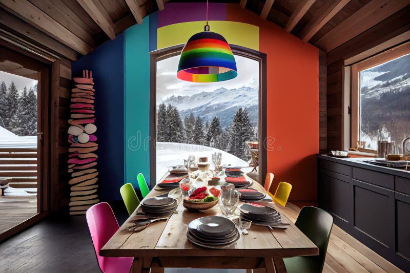 Multicolored Breakfast with Big Dining Table on Chalet Stock ...