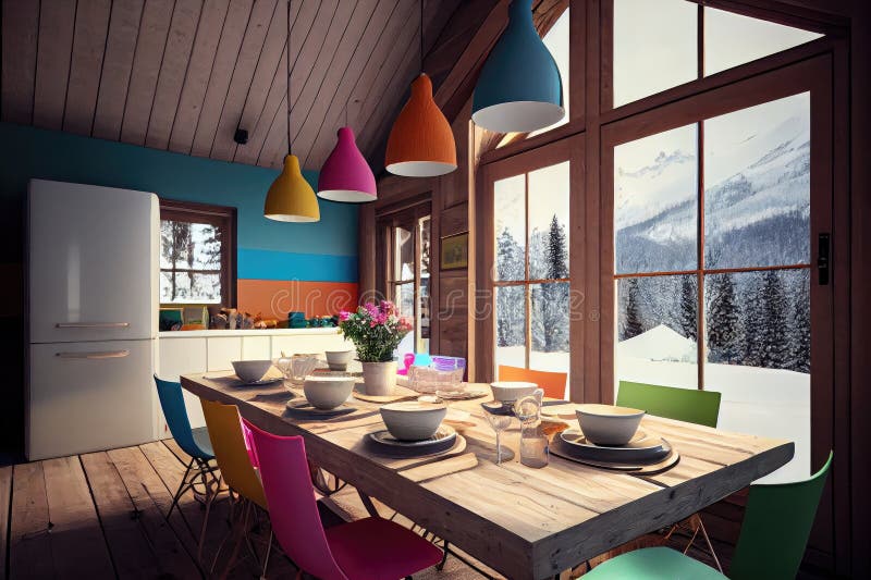 Multicolored Breakfast with Big Dining Table on Chalet Stock ...