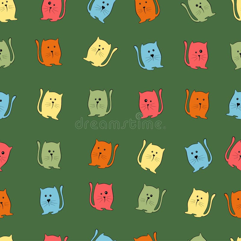 Multicolored Cartoon Cats on a Green Background. Seamless Pattern Stock ...