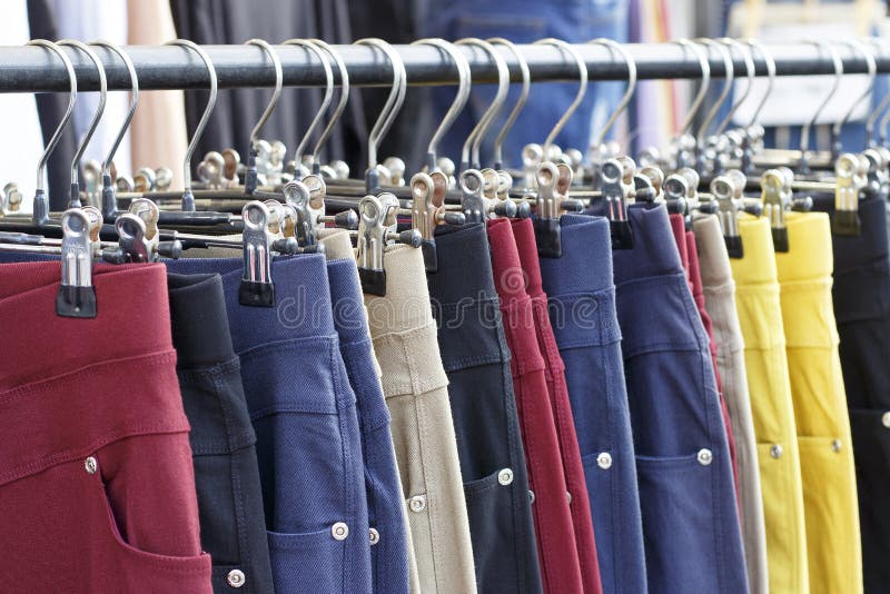 Multicolored Casual Pants Hanging on Hanger Close Up, Side View Stock ...