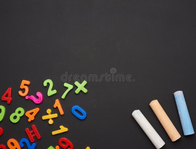 Multicolored Chalks on Lie on Empty Black Chalk Board, Top View Stock ...