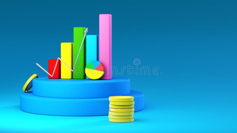 Multicolored Chart Columns on a Pedestal, Stylized Coins on a Blue ...