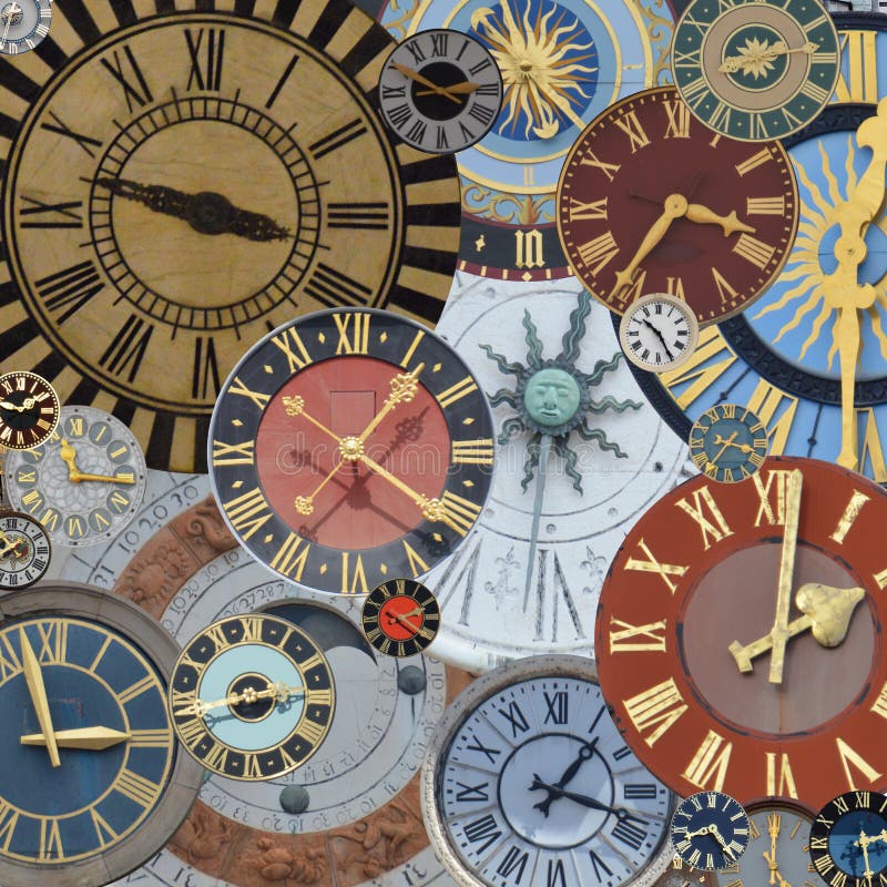 Multicolored Collection of Ancient Church Tower Clocks on a Pile Stock ...