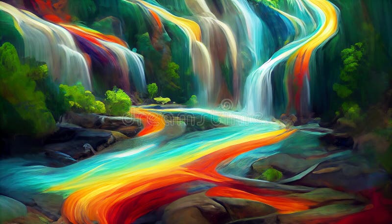 Multicolored Magical Rainbow Colored River. Digital Illustration. AI ...