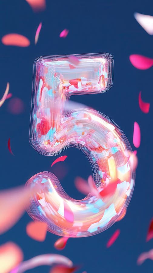Multicolored Confetti Cascading Near Wireframe Numeral Five, Floating ...