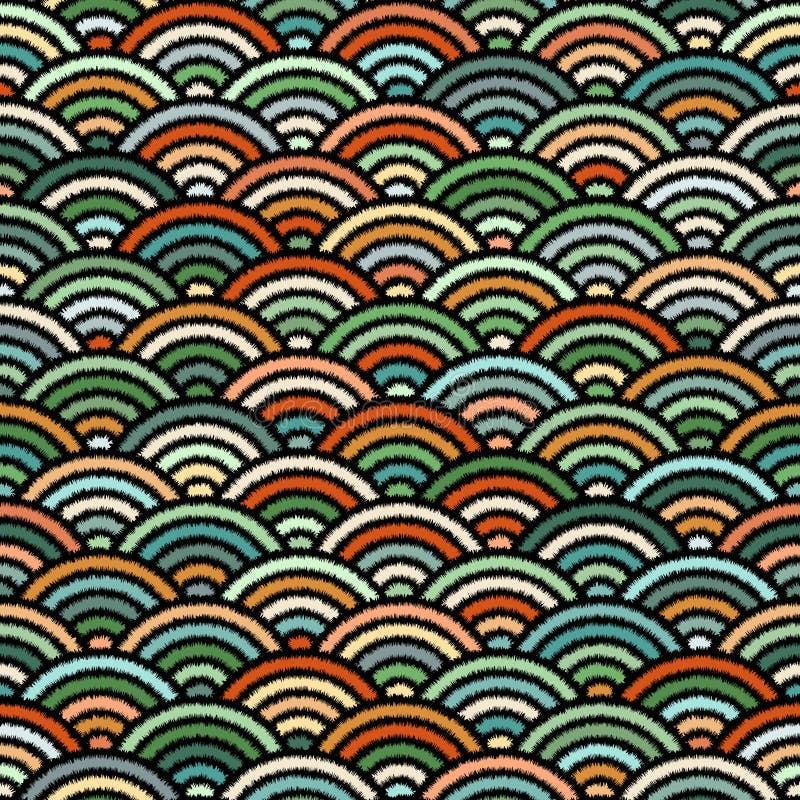 Multicolored Curved Lines on a Black Background. Japanese Waves Style ...