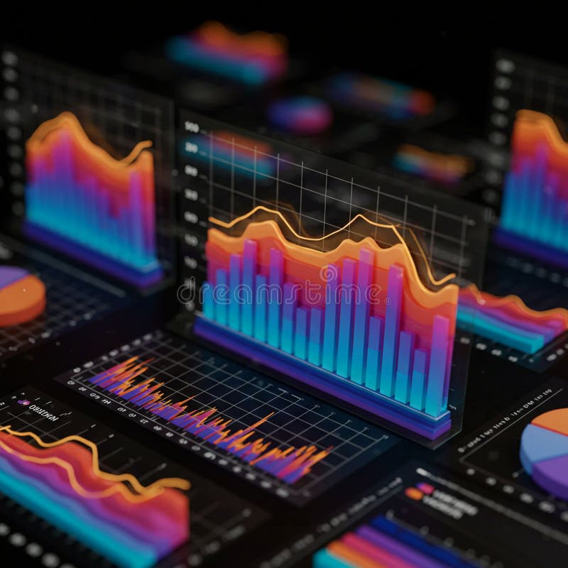 Multicolored 3D Data Visualizations, Featuring Line and Bar Graphs in ...
