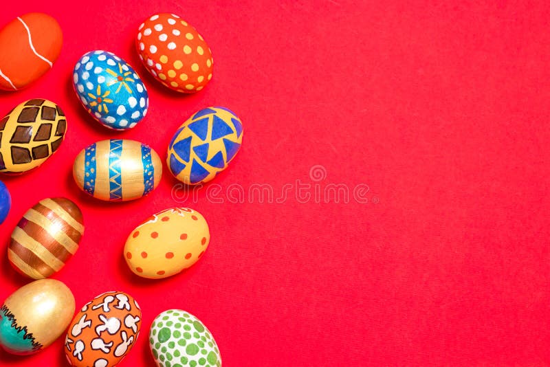Multicolored Easter Eggs on a Red Background Banner. Stock Photo ...