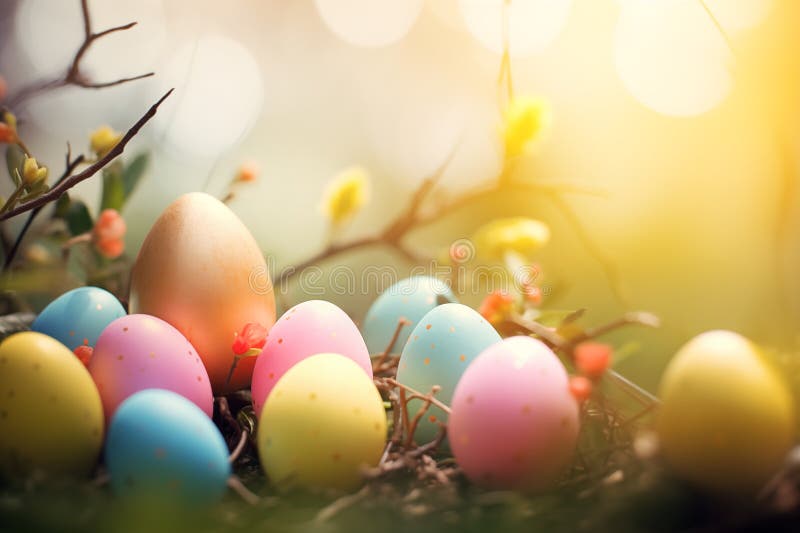 Multicolored Easter Eggs on Spring Ground among Branches and Plants ...