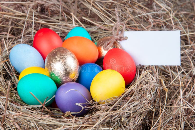 Red Eggs with a Note in the Hay. Mock Up, Concept Easter Stock Image ...