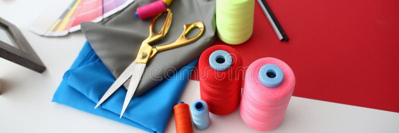 Multicolored Fabric Threads and Scissors in Atelier at Workplace Stock ...