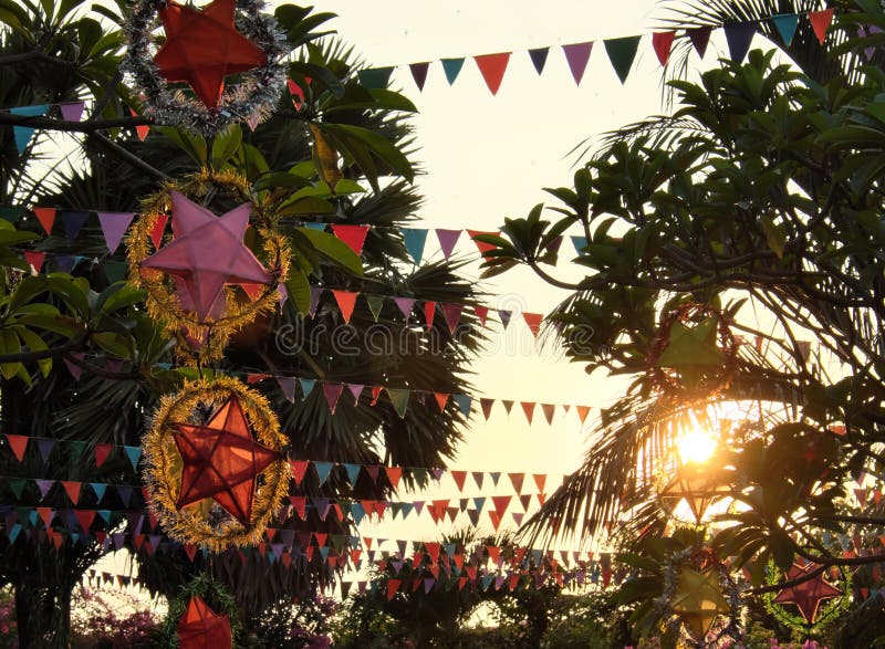 Multicolored Festive Street Decorations. Decorative Stars and Flags on ...