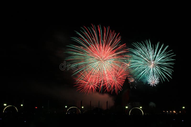 Multicolored Fireworks in the Dark Sky, City Day Celebration. Stock ...