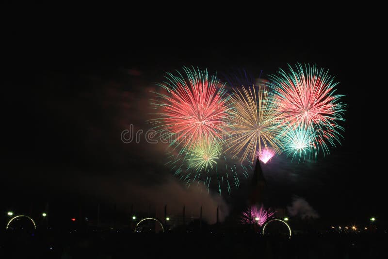Multicolored Fireworks in the Dark Sky, City Day Celebration. Stock ...