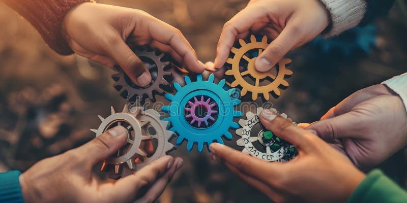 Multicolored Gears Interlocking in Hands Stock Illustration ...