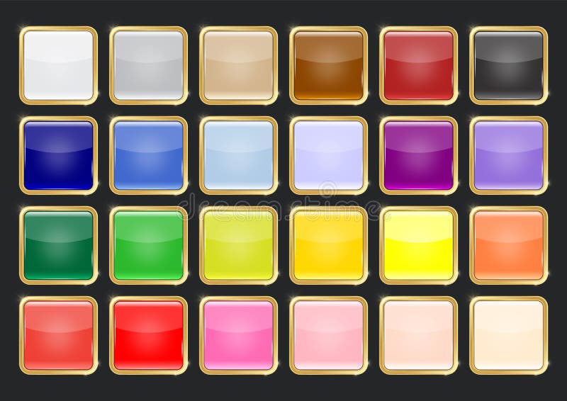 Multicolored Glossy Square Button with Gold Frame Vector Illustration ...