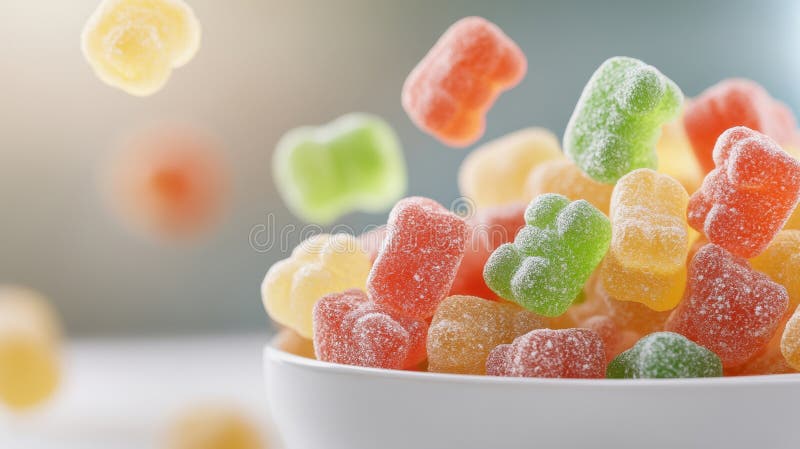 Multicolored Gummy Bears Dropping into Pristine White Bowl, Generating ...
