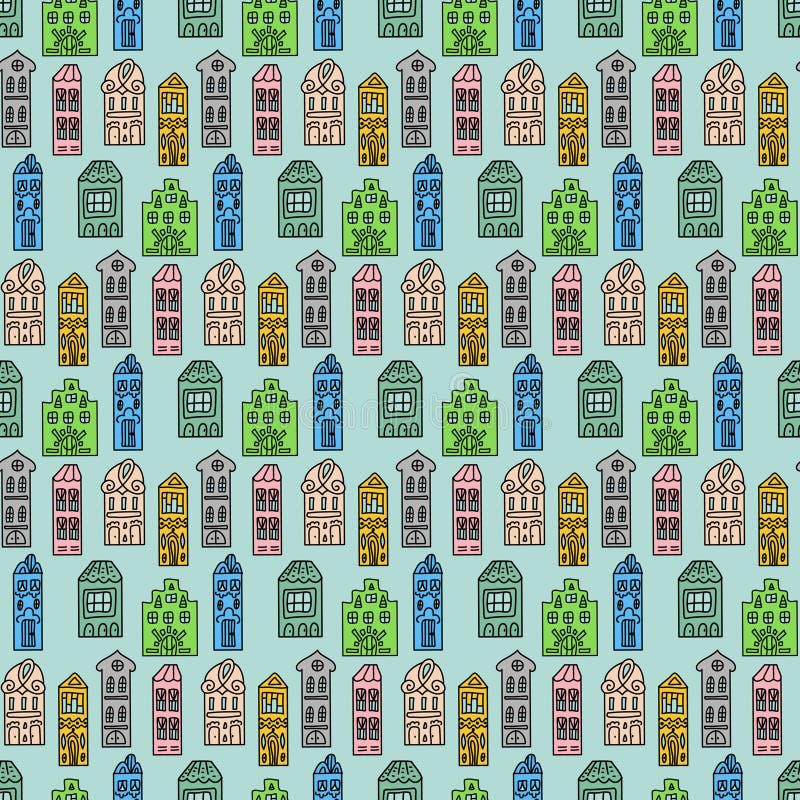 Multicolored Hand Drawn Houses Seamless Pattern, Cute Childish ... Multicolored Hand Drawn Houses Seamless Pattern, Cute Childish ...