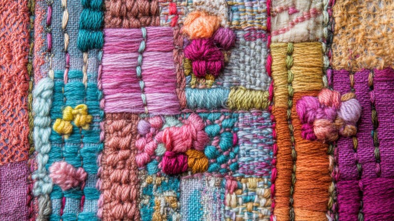 Multicolored Hand-Stitched Fabric Patchwork with Floral Motifs Stock ...