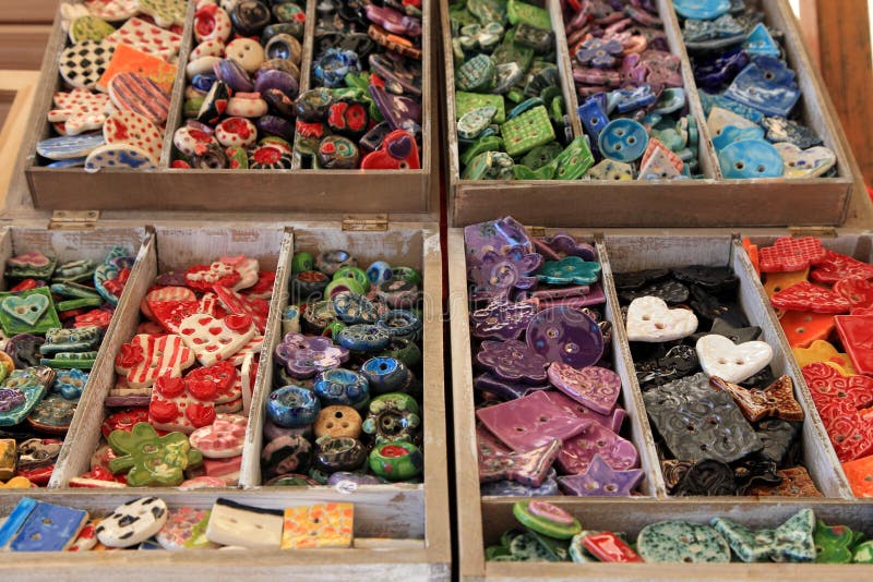 Multicolored Handmade Buttons in Wooden Boxes on Counter Stock Image ...