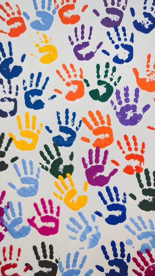 Multicolored Handprints Scattered Across a White Surface, Reflecting ...