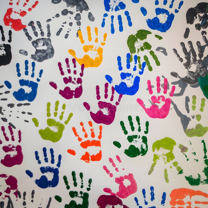 Multicolored Handprints Scattered Across a White Surface, Reflecting ...