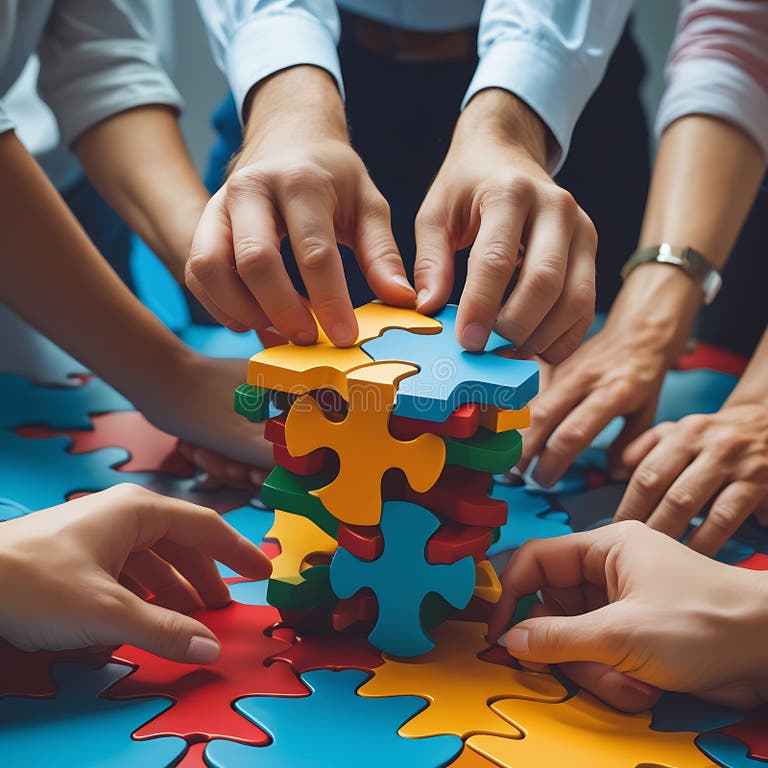 Multicolored Hands Stacking Puzzle Pieces for Teamwork Stock ...