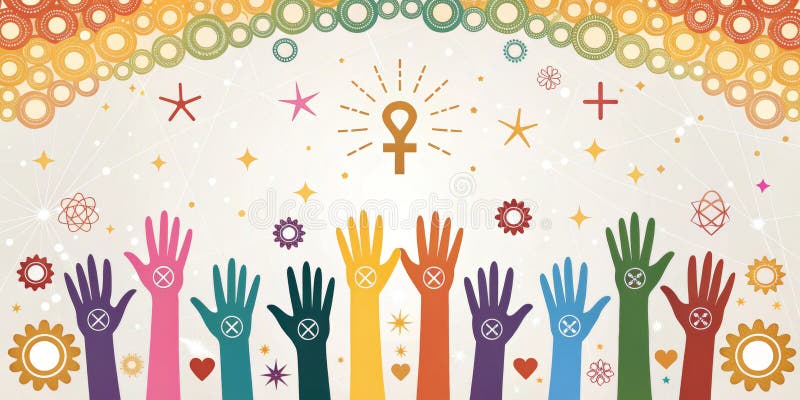 Multicolored Hands on a White Background with Equality Symbols ...