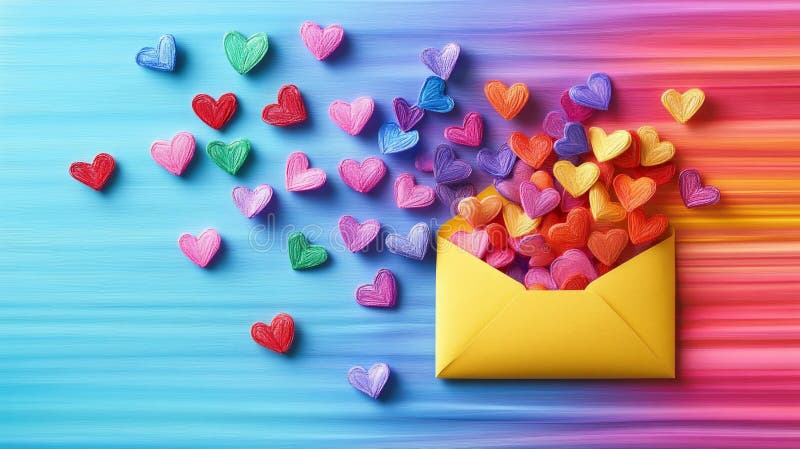 Multicolored Hearts Overflowing from a Golden Envelope Stock ...