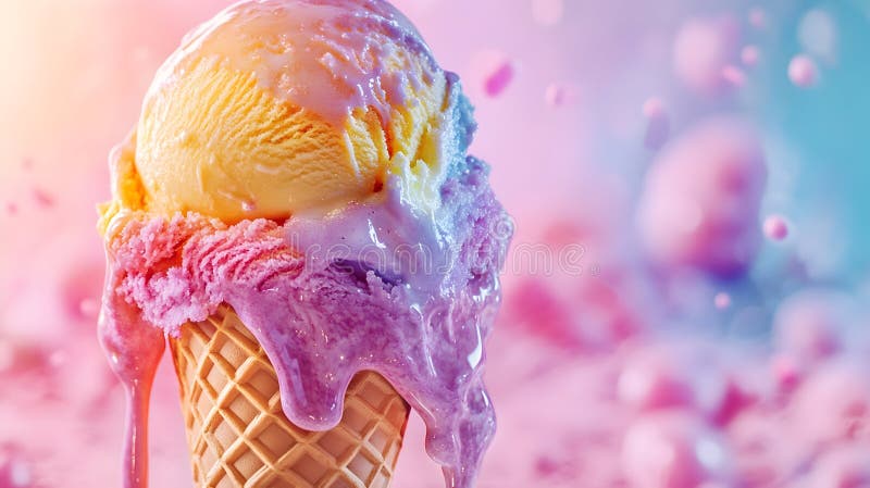 Multicolored Ice Cream Cone Dripping Melting Against a Bright and ...