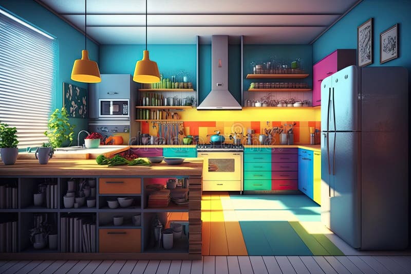 Multicolored Interior Design of a Large Modern Kitchen in a Home Stock ...