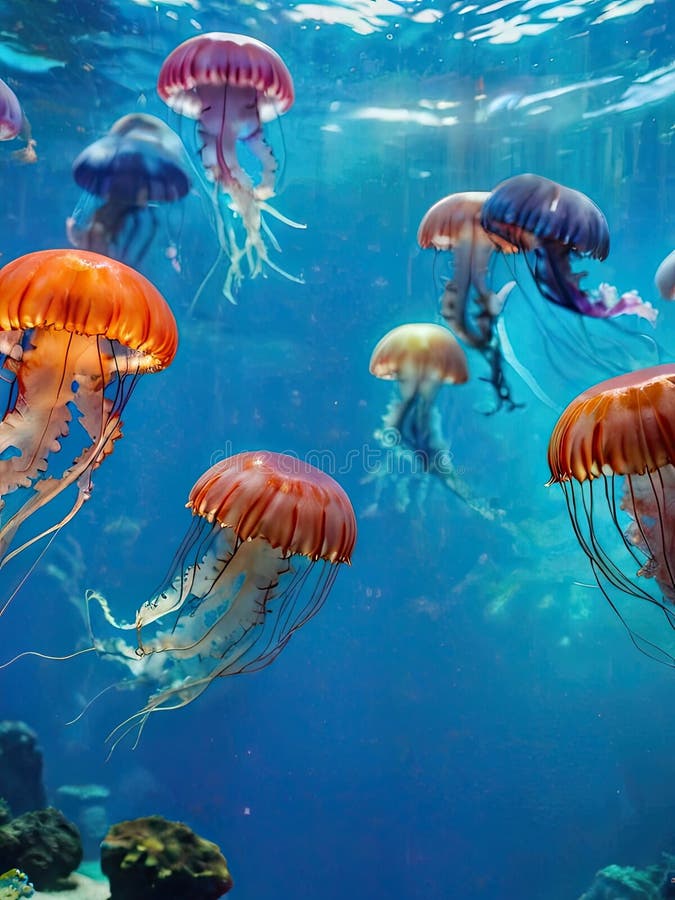 Multicolored Jellyfish Float in the Aquarium. Generated AI Stock ...