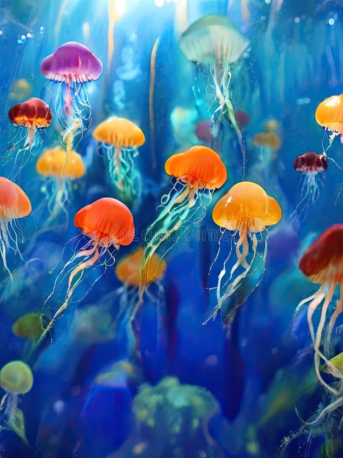 Multicolored Jellyfish Swimming in the Aquarium Animation. Generated AI ...
