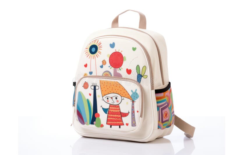 Multicolored Kids Backpack with Cartoon Motifs, White Stock Photo ...
