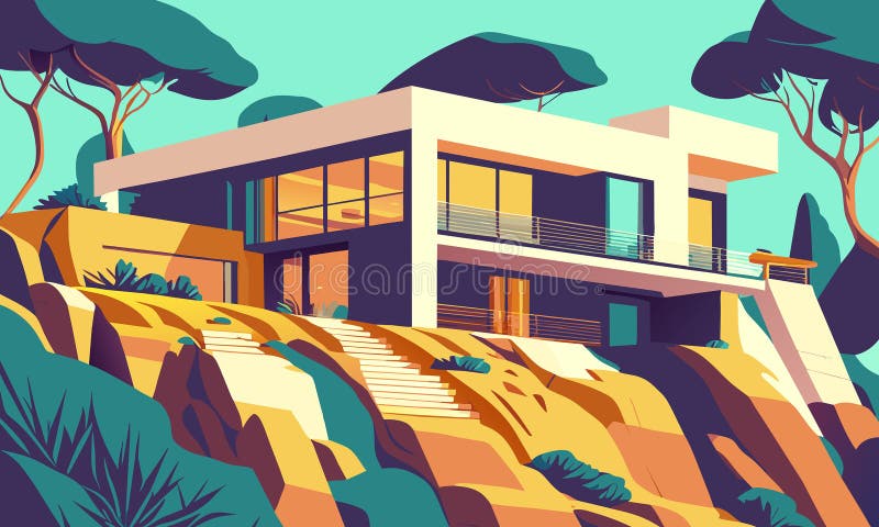 A Multicolored Landscape with a Modern Cottage on a Cliff Against the ...