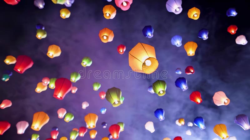 Multicolored Lanterns Rising through Purple Night Sky Create Sense of ...