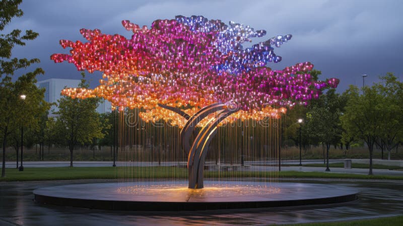 Luminous Tree Sculpture with Water Feature at Night Stock Illustration ...