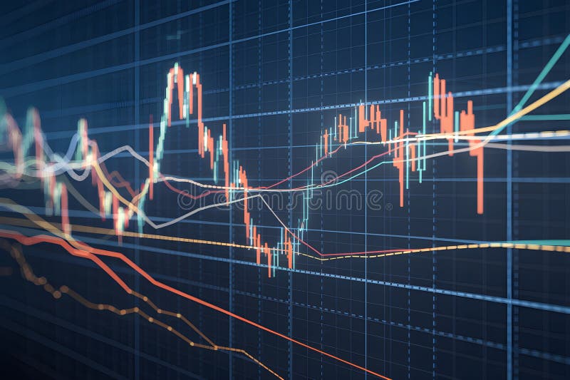 Multicolored Lines on Blue Grid, Representing Stock Prices in Dynamic ...