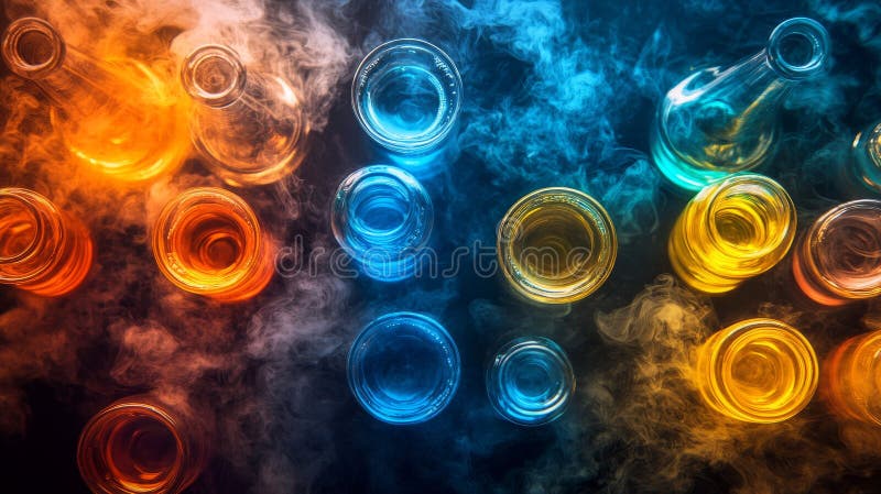 Multicolored Liquids Boiling in Glass Flasks, Producing Smoke Stock ...